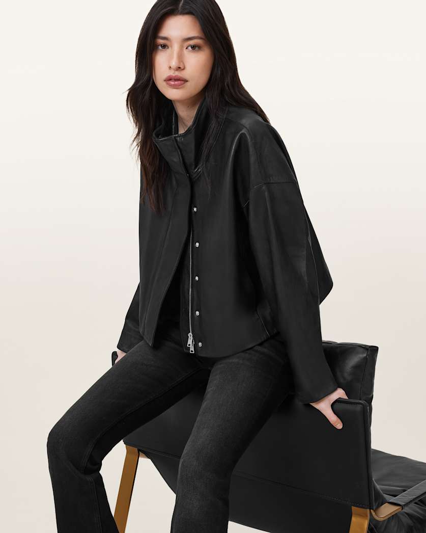 Ryder Funnel Neck Leather Jacket Black | ALLSAINTS